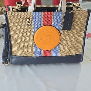 Coach | Bags | Coach Tan And Blue Satchel With Orange Accent | Poshmark